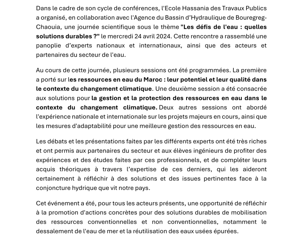 Journée scientifique du 24 avril 2024 – Ecole Hassania Des Travaux Publics